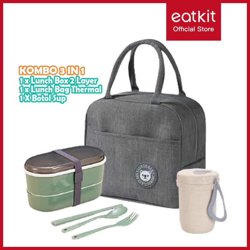 Jual eatkit 3in1 Kotak Makan Set Lunch Box Kotak Makan 700ml 2 Layers & Cangkir Soup Wheatstraw ...
