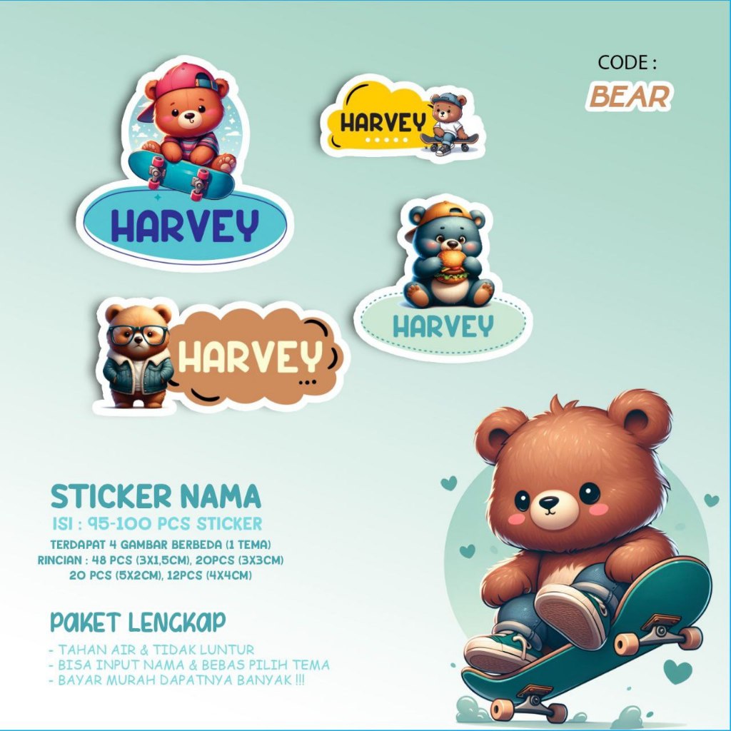 Jual Sticker / Stiker Label Nama Karakter Tema CUTE BEAR / BERUANG ...