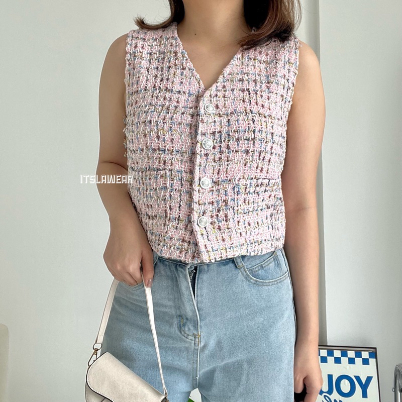 Jual Misoo tweed top / korean tweed top / tweed vest wanita | Shopee ...
