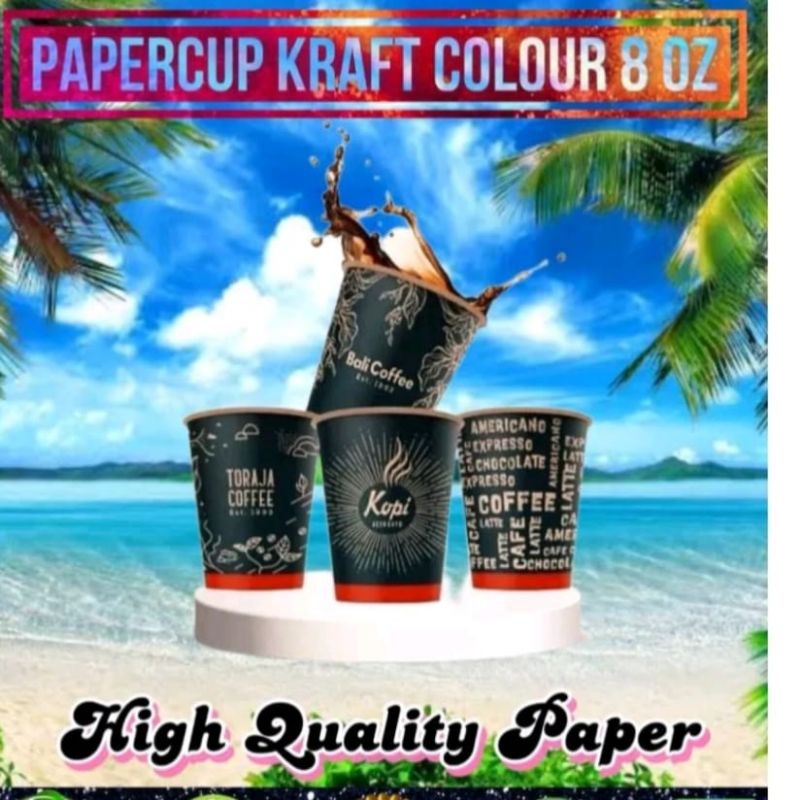 Jual papercup kraft motif/ gelas kertas motif kopi ukuran 8oz bahan ada lapisan laminasi bisa ...