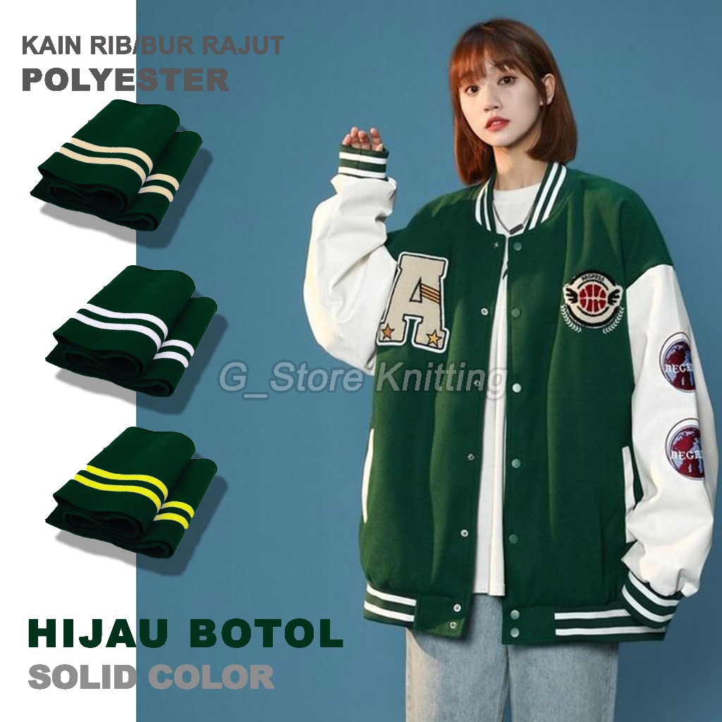 Jual Kain Rib/Bur warna dasar hijau botol strip polos manset jaket ...