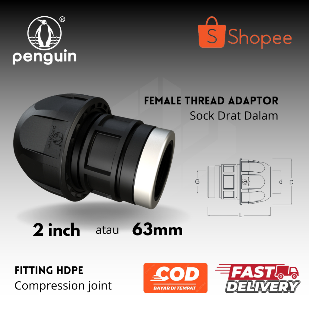 Jual Sambungan Pipa HDPE Female Thread Adaptor / SDD ukuran 2 inch atau 63mm FITTING COMPRESSION ...