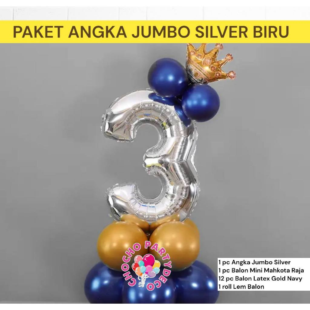 Jual Paket Balon Angka Jumbo SILVER BIRU Latex / Dekorasi Ulang Tahun ...