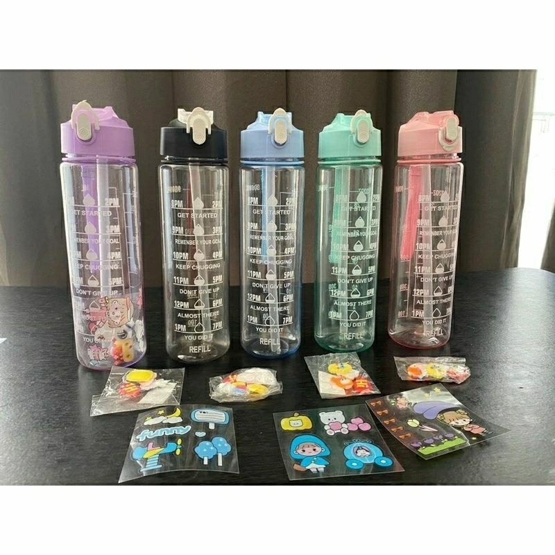 Jual BOTOL Minum Motivasi Bening 900ml FREE STIKER 2D & 3D + TALI ...