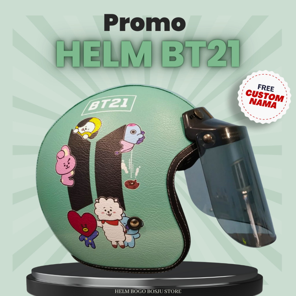 Jual Helm Bogo Motif BT21 BTS Green | Custom Warna Nama | Retro Klasik ...
