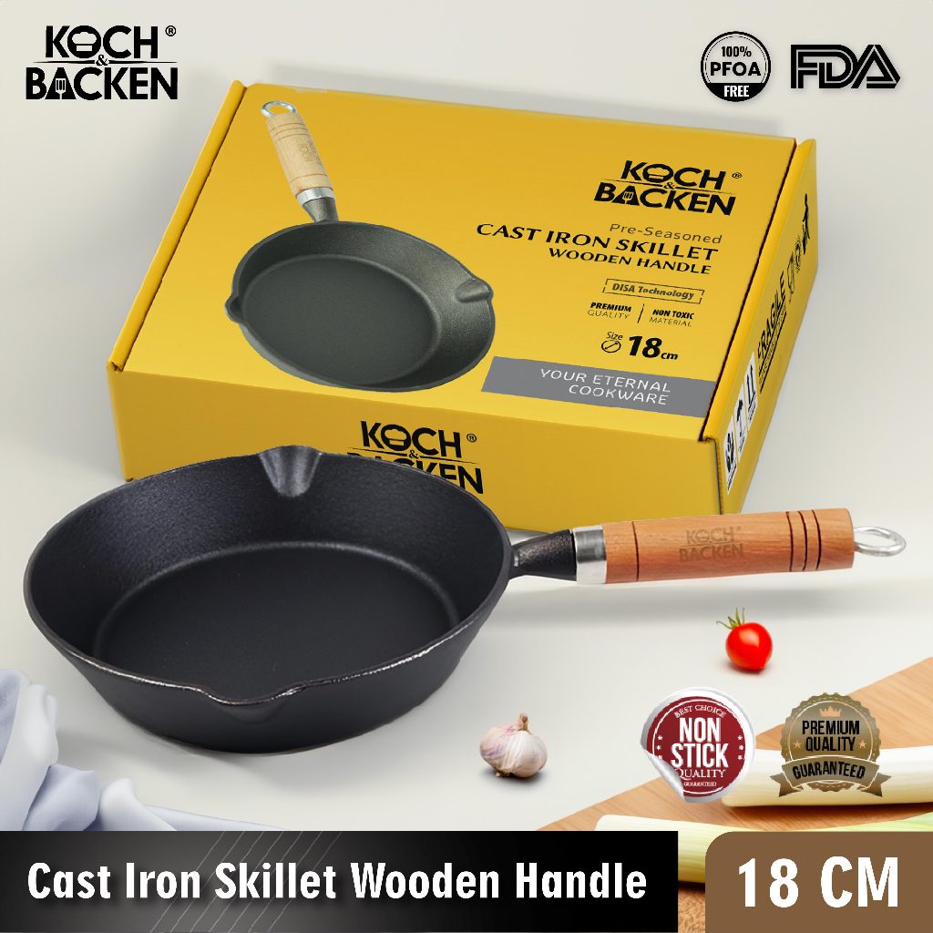 Jual KOCH&BACKEN Cast Iron Skillet Fry Pan Wooden Handle 18 cm ...