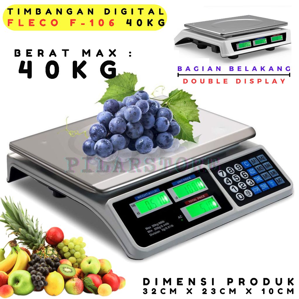 Jual Timbangan Buah Digital 40KG/ Digital Computing Scale 40kg Double Display Tatakan Pan ...