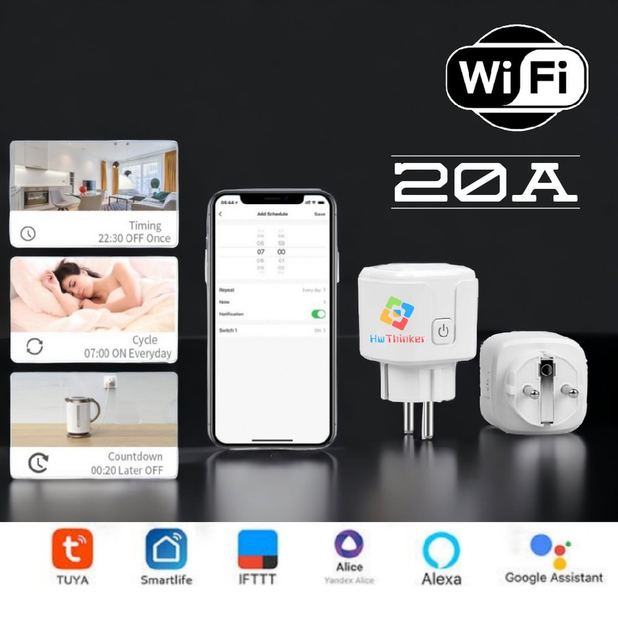 Jual Tuya Smart EU Plug WiFi 20A Timer Energy Meter Stop Kontak Colokan ...