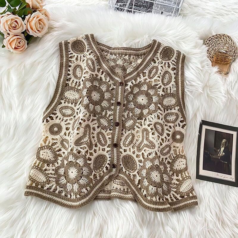 Jual ROMPI VEST RAJUT COKLAT KOREA STYLE BUNGA2 VINTAGE | Shopee Indonesia