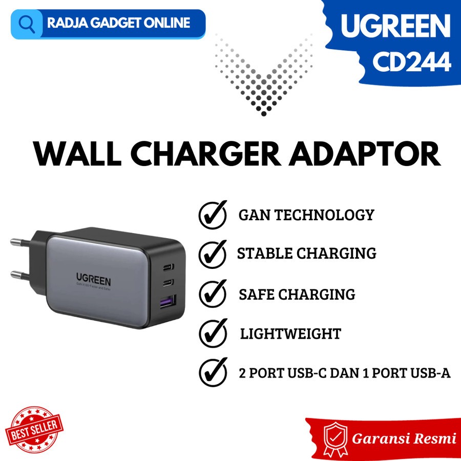 Jual UGREEN Adaptor Charger 3 Port Gan 65W USB Type-C Nexode - 10335 ...