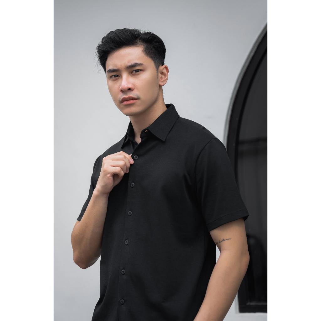 Jual Saga Kemeja Kaos Cotton Air in Black - Kemeja Premium Lengan Pendek Bahan Cotton Air Hitam ...