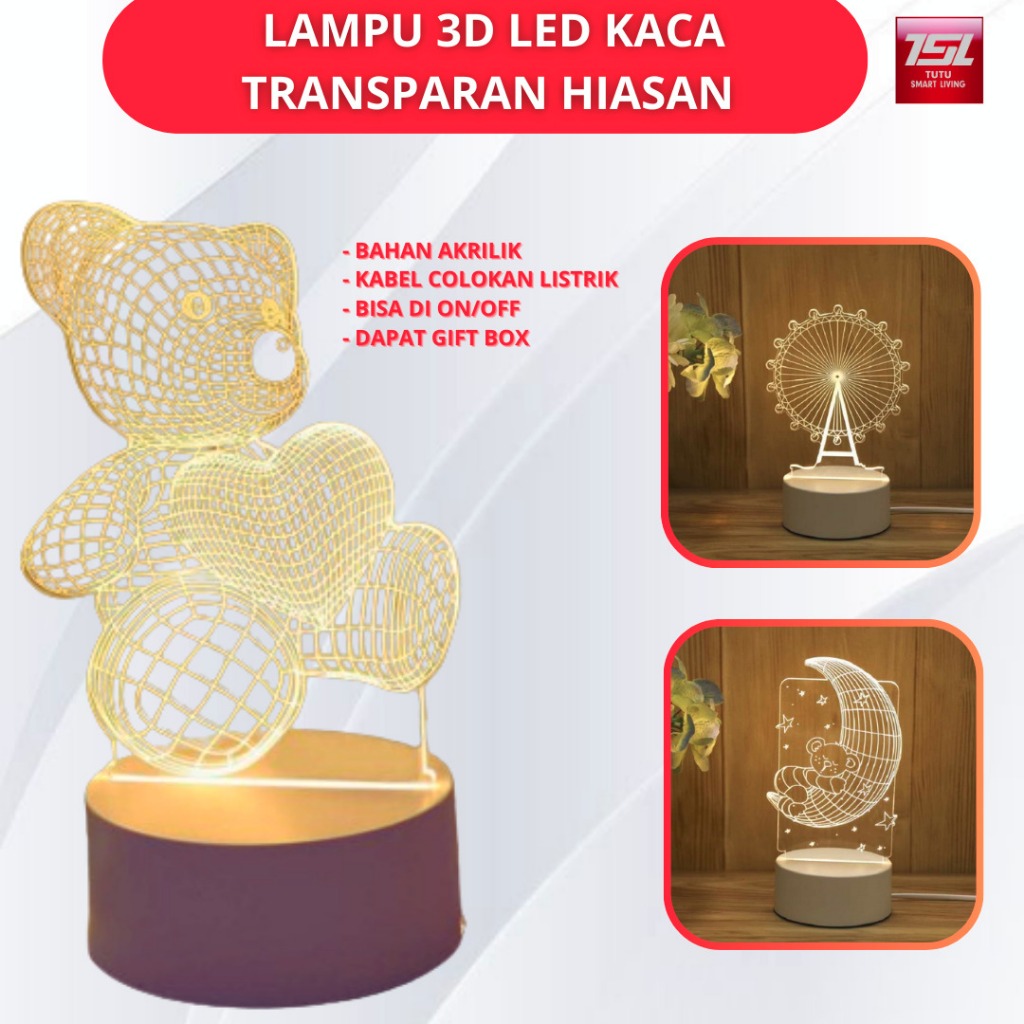 Jual TUTU Lampu 3D LED Kaca Transparan Hiasan / Pajangan Rumah Cantik ...