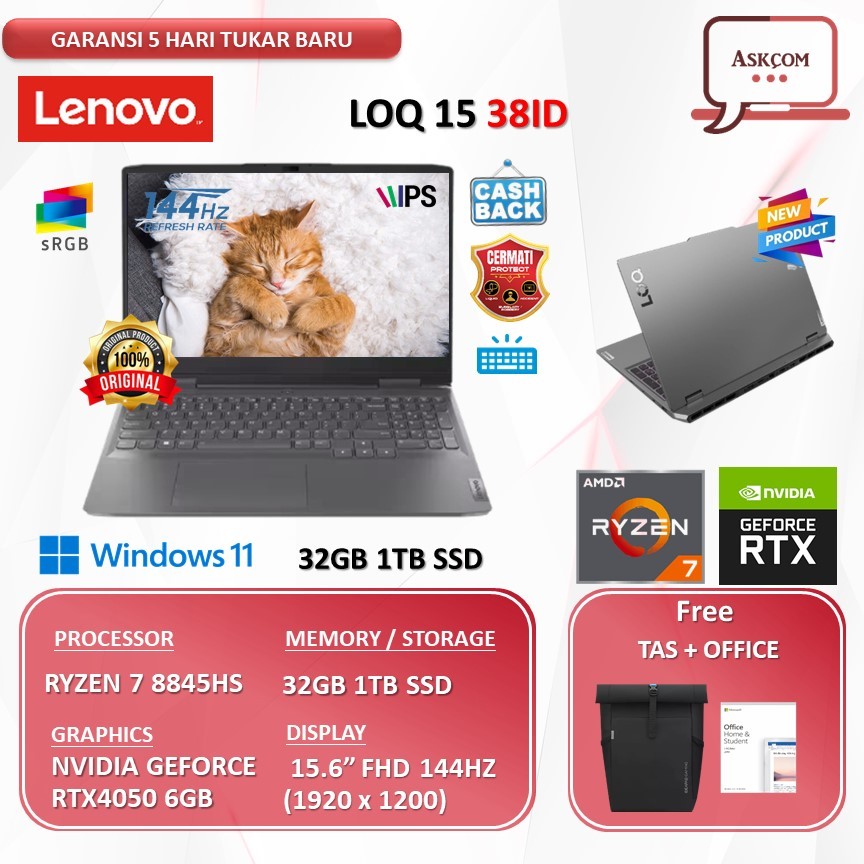 Jual Lenovo Loq 15 RYZEN 7 8845HS RTX4050 6GB | 32GB 1TB SSD W11 OHS21 ...