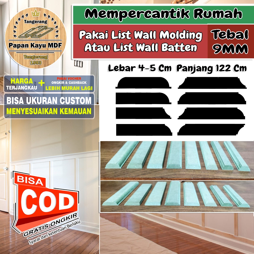 Jual Wall Molding HMR Tebal 9MM Lebar 4-5Cm List Profile Kayu Dekor ...