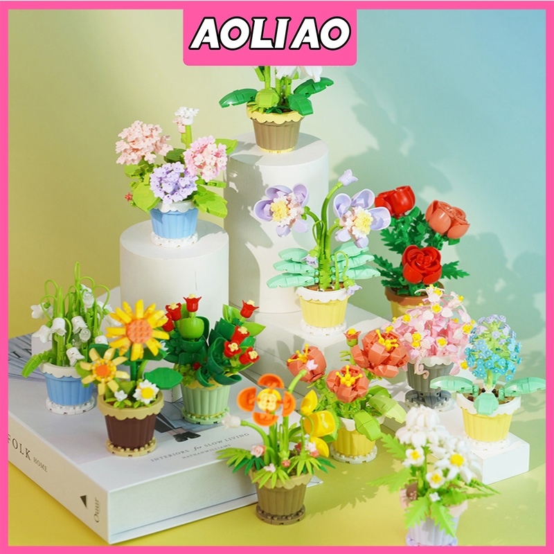 Jual AOLIAO Balok Bunga Buku Pot Bunga Nano Block Rakitan Bangunan ...