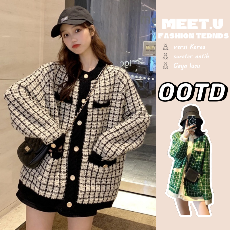 Jual Meet.U Jaket Sweater Wanita Longgar Kotak-kotak Gaya Korea Cardigan Rajut Retro Lengan ...