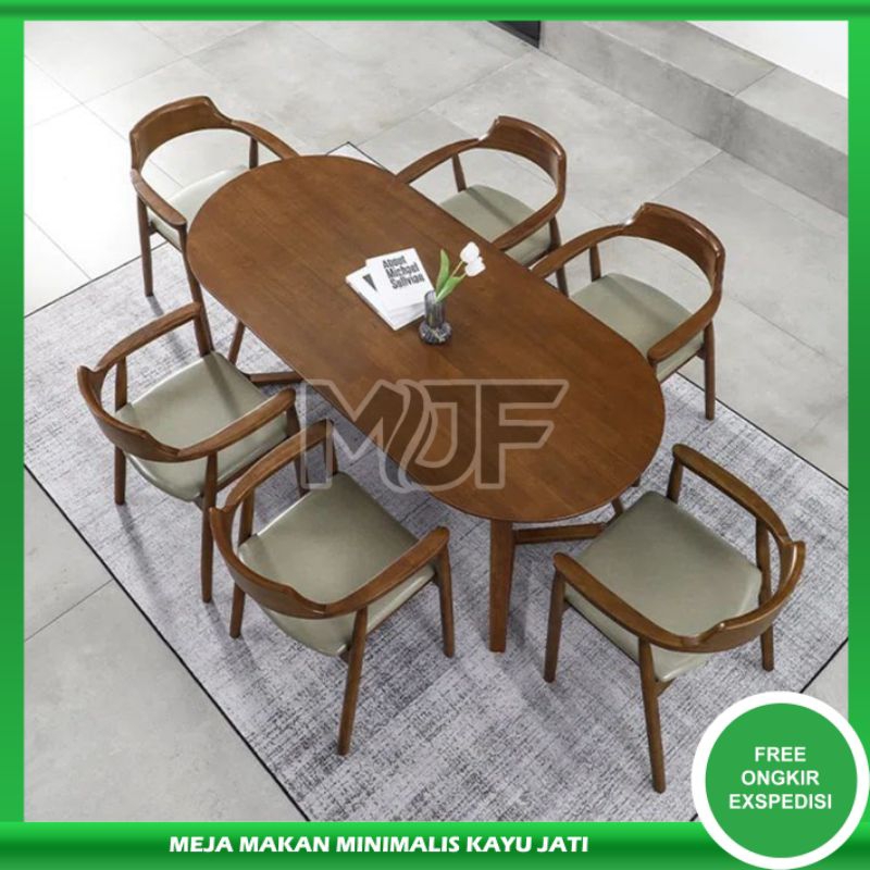 Jual meja makan minimalis oval bahan kayu jati 6 kursi heroshima | Shopee Indonesia