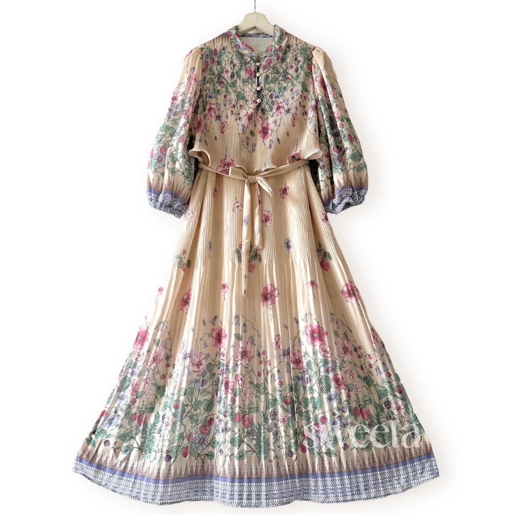 Jual Sweeta Midi Dress Plisket Double Layer Lengan Balon Ld 105cm Ceruty Full Furing
