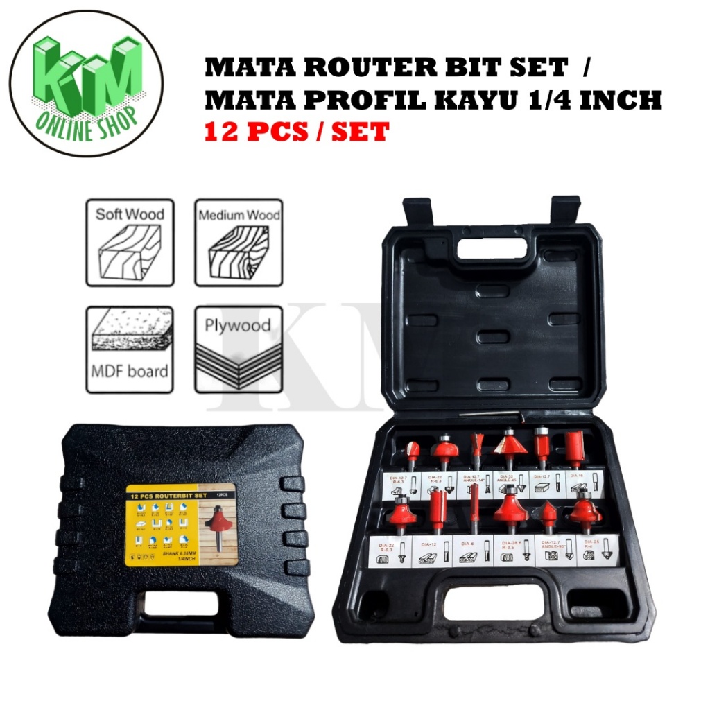 Jual Mata Router Bit Set 12 Pcs Mata Profil Set Mata Trimmer 1/4 Inch ...