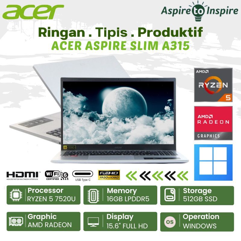 Jual ACER ASPIRE 3 A315-24P-R0A2 RYZEN 5 7520U | 16GB DDR5 | 512GB SSD ...