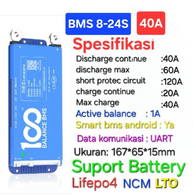 Jual Smart bms 100BALANCE 4-8S 8-24S 40A 60A 100A suport battery lifepo4 NCM LTO world leader in ...