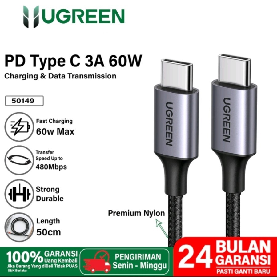 Jual UGREEN Kabel Data Type-C to Type-C 3A 60W Fast Charging PD 3.0 50CM | Shopee Indonesia