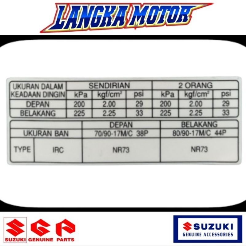 Jual ORI SGP Label Stiker UKURAN ANGIN dan BAN Suzuki RGR FXR Thunder ...