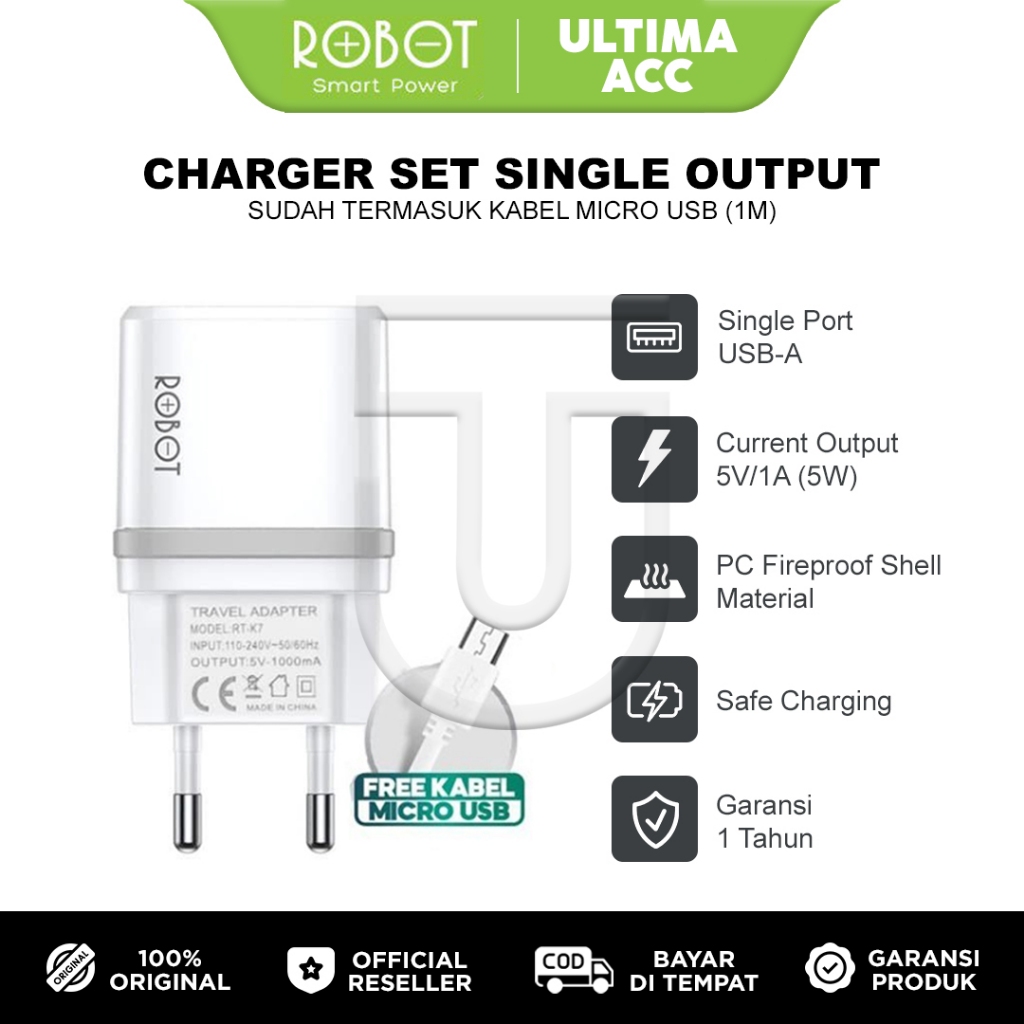 Jual ROBOT RT-K7 Quick Charger 5V/1A Bonus Kabel Micro USB Samsung ...