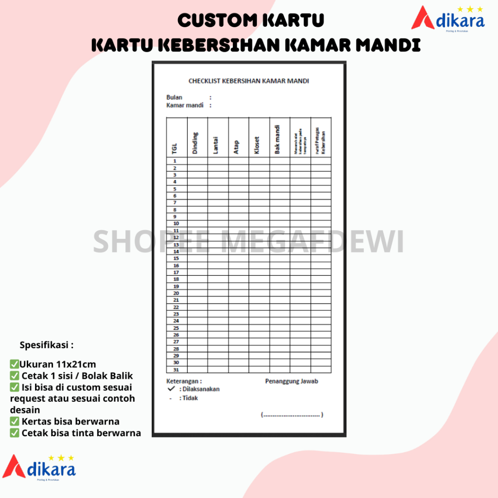 Jual Checklist Kebersihan Kamar Mandi | Custom By Request | Bufallo | Shopee Indonesia