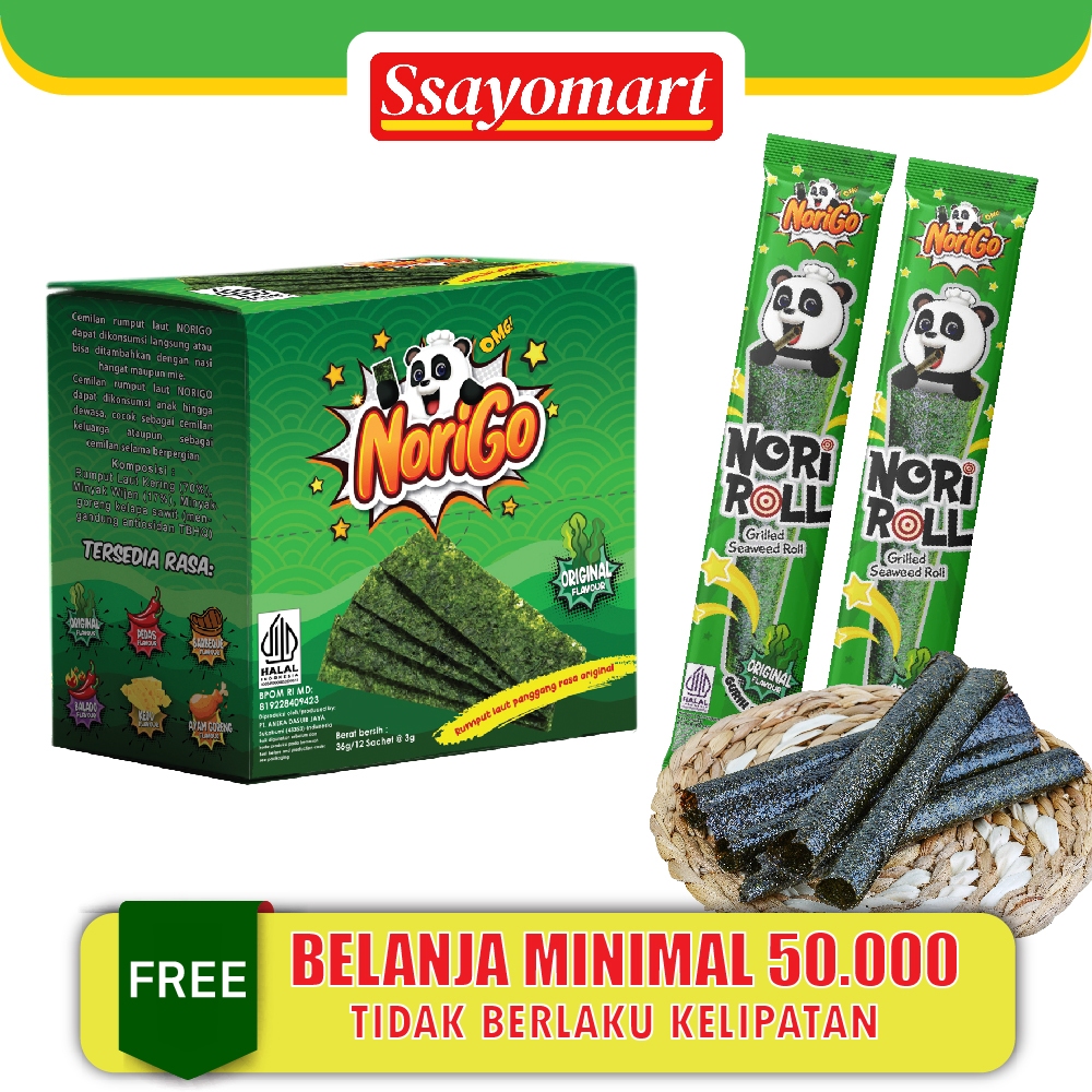 Jual Norigo 1 BOX ISI 12 / Nori Sachet Seaweed Snack 3g Original Rumput ...