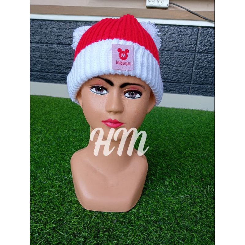 Jual kupluk bayi merah putih kupluk bayi tebal kupluk pom-pom bani head ...