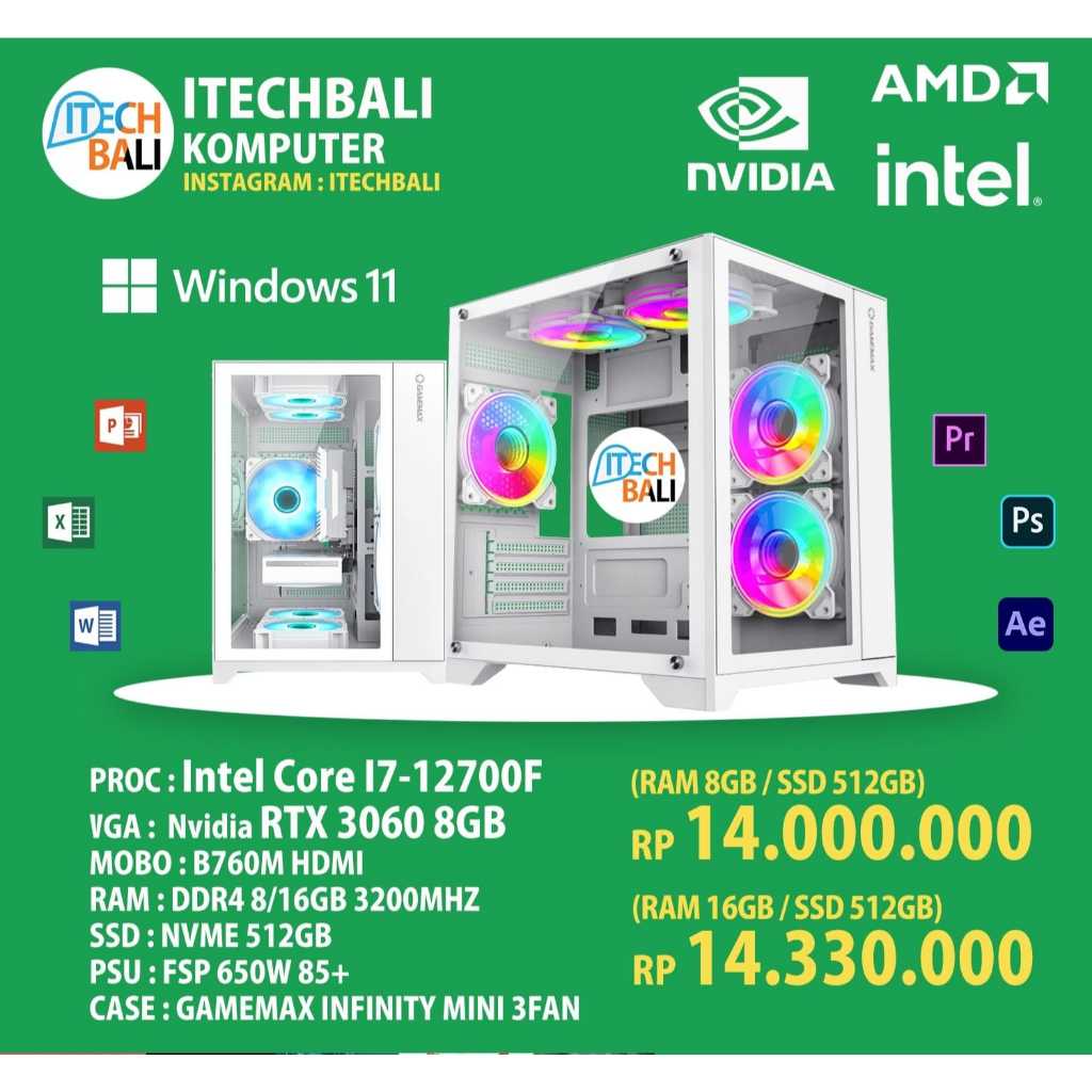 Jual Rakitan PC Intel core 17-12700F VGA RTX 3060 RAM 8GB/16GB SSD ...