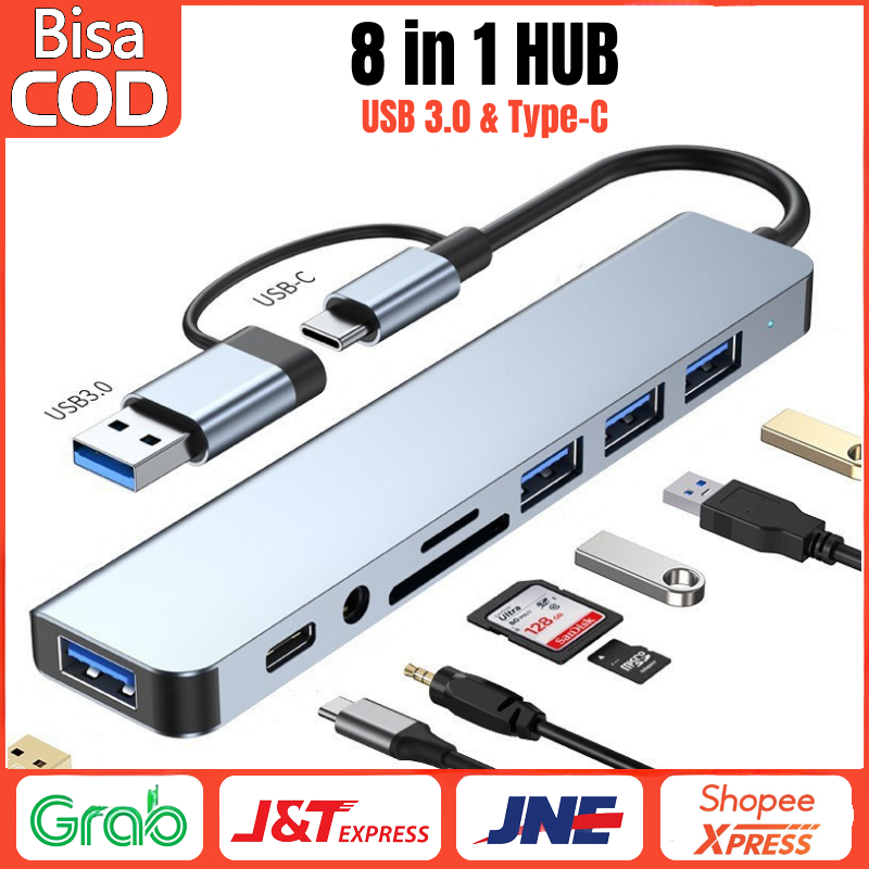 Jual Converter Hub Adapter Multiport 8in1 USB TypeC ke Usb 3.0 high speed usb hub audio,SD/TF ...
