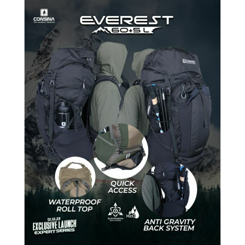 Jual CARRIER CONSINA EVEREST 60+5 BLACK TAS GUNUNG HIKING TREKKING ...