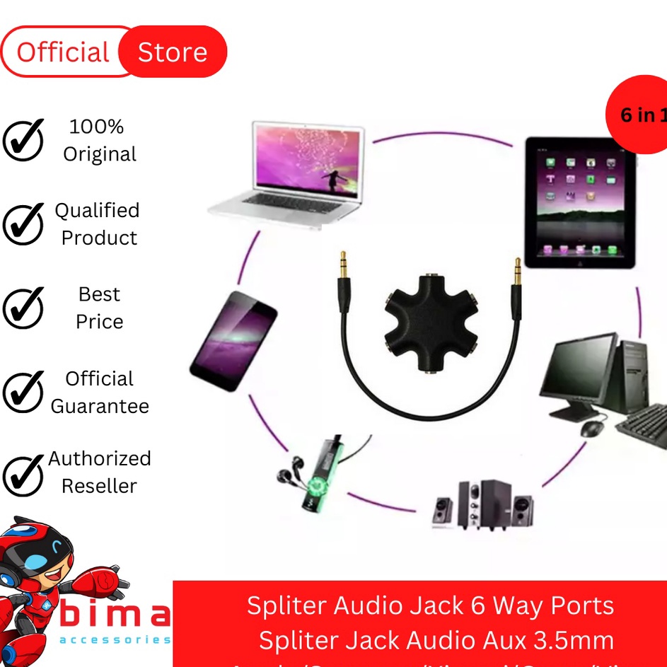Jual Audio Jack 6 way Ports male to 5 female Splitter Spliter Jack ...