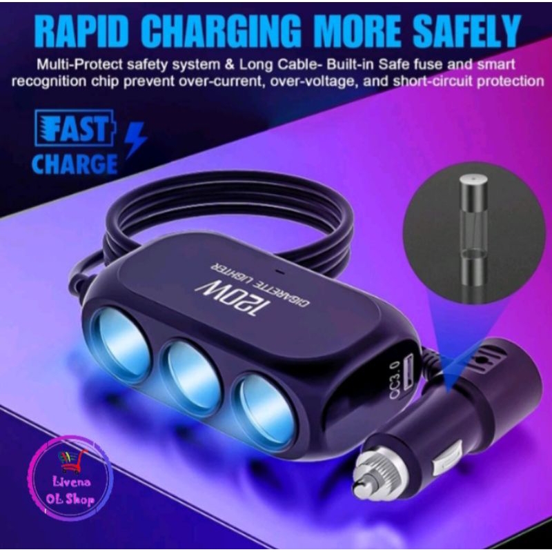 Jual Socket Lighter Mobil 120w Fast Charging 3 Port Lighter 2 Port USB ...