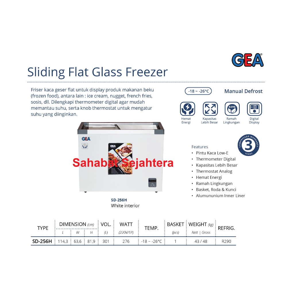 Jual GEA Sliding Flat Glass Freezer SD-256H Freezer Sliding Kaca ...