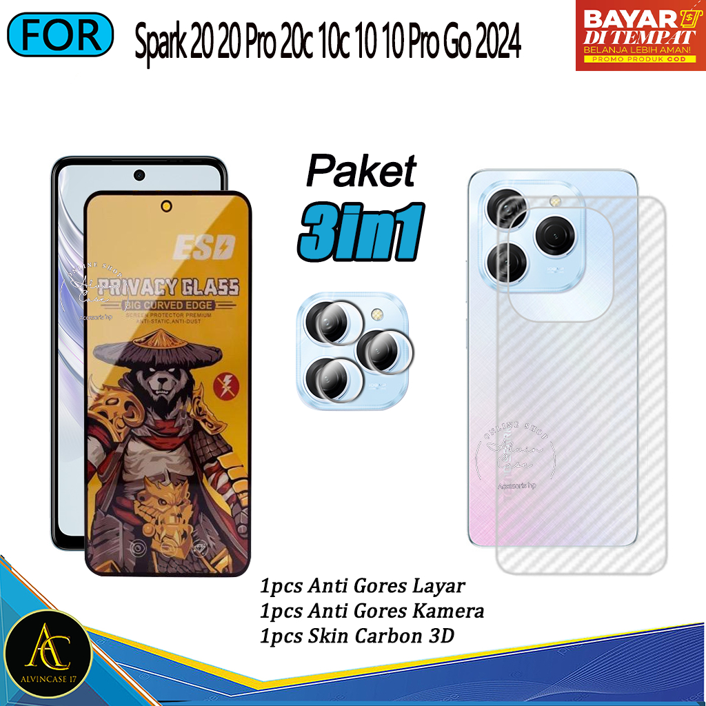 Jual Paket 3in1 Tempered Glass Esd Spy Tecno Spark 20 20 Pro 20c 10c 10 10 Pro Go 2024 Full ...