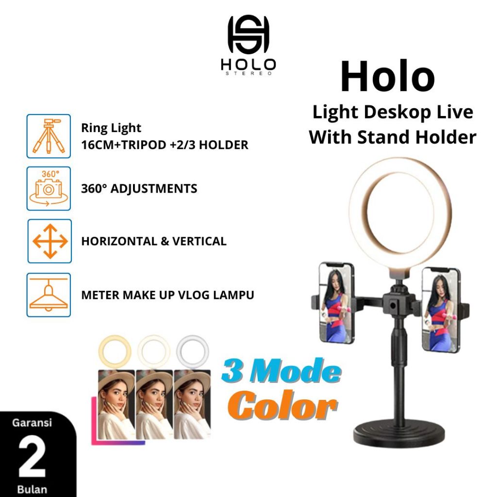 Jual HOLO - Ring light 16cm+Tripod +2 Holder HP Ring light Tripod Mini ...