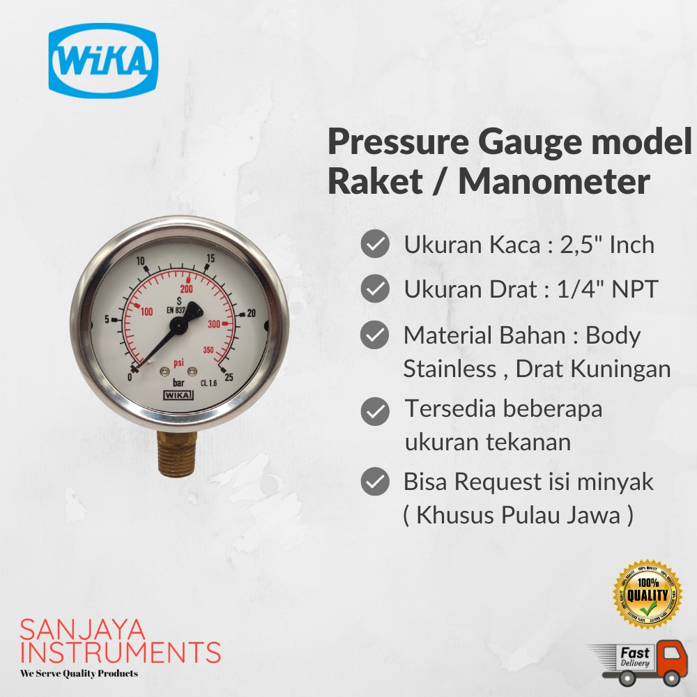 Jual Pressure Gauge WIKA 2,5" inch 6 - 1000 Bar drat 1/4 model Raket / Manometer Stainless ...