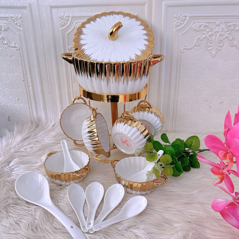 Jual basi soup putih list /wadah saji putih list /mangkok soup set ...