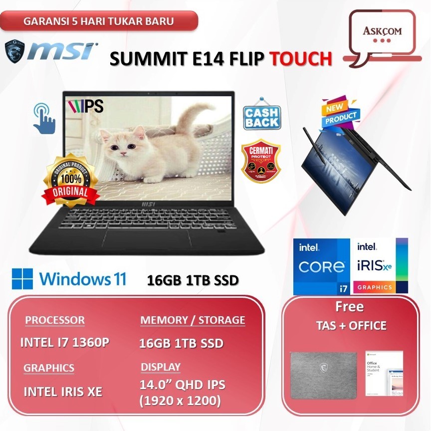 Jual Msi Summit E14 Flip Touch I7 1360P 16GB 1TB SSD W11 OHS21 14.0QHD ...