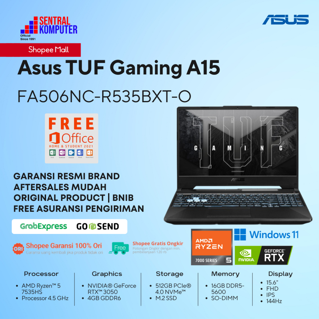 Jual ASUS TUF A15 FA506NC RYZEN 5 7535HS RTX3050 16GB 512GB W11+OHS 15. ...