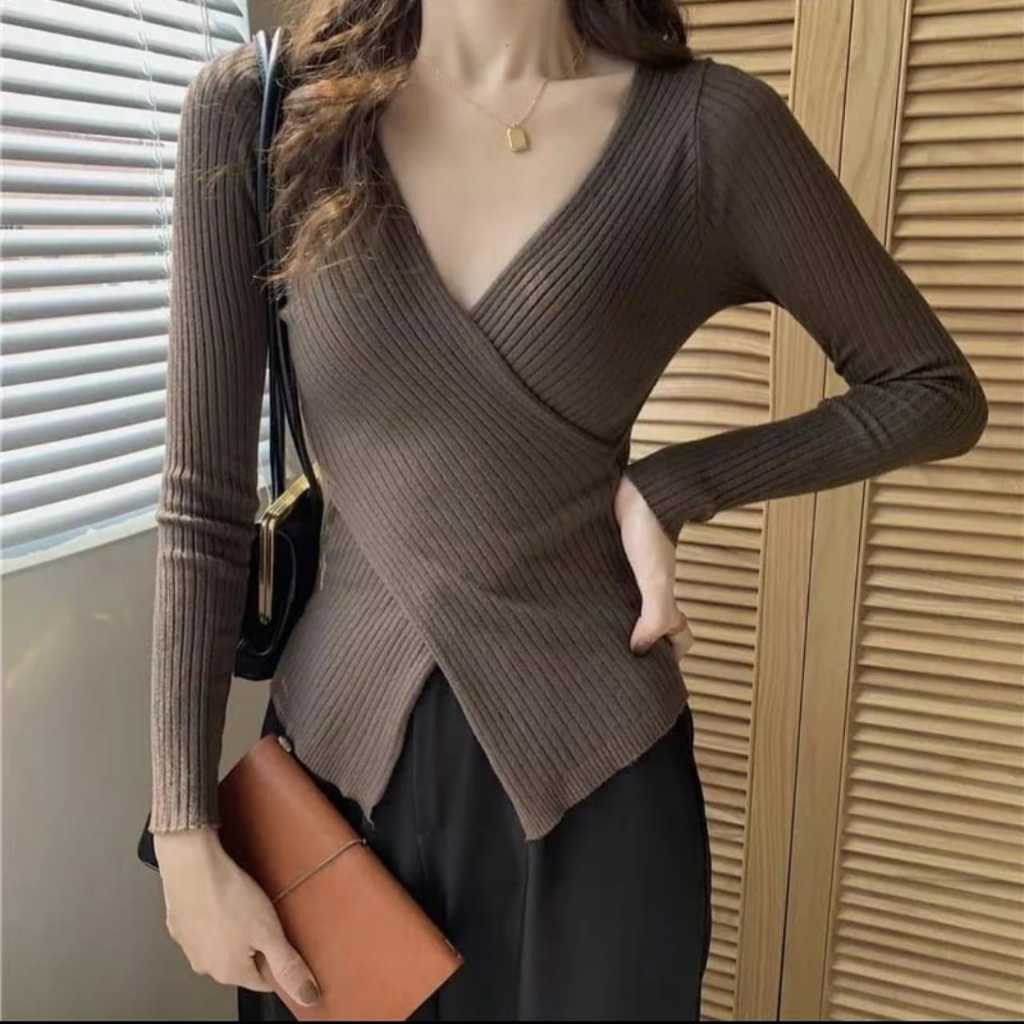 Jual Atasan Knit V-neck Baju Rajut Wanita Model Selempang Korean Style Wrap Top | Shopee Indonesia