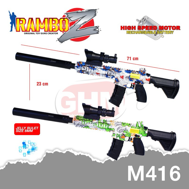Jual Mainan Pistol Tembakan RamboZ M16/M249/P90/QBZ95/M416/Uzi Electric Blaster Gel JUMBO Aman ...