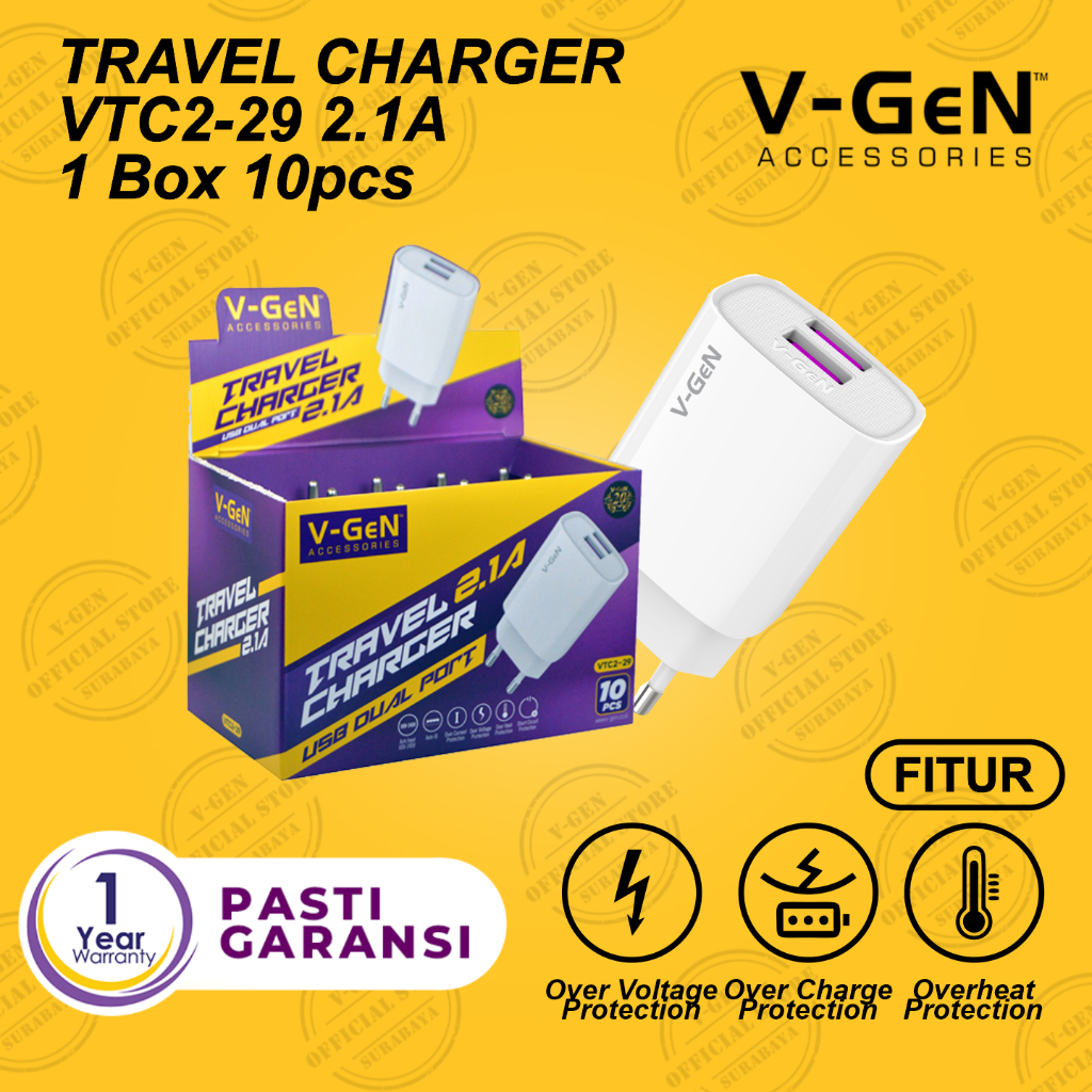 Jual Adaptor Charger V-GeN VTC2-29 2.1A Travel Charger VGEN 1 Box 10pcs ...