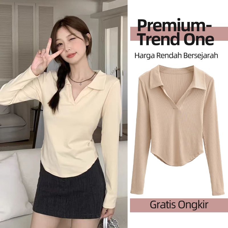 Jual V-Neck Long Sleeve Ribbed Basic Polo (M/L/XL) | Shopee Indonesia
