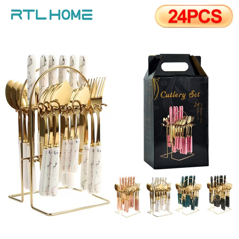Jual Sendok Cutlery Set Sendok Sultan Makan Set Isi 24 Set Gold Marble ...