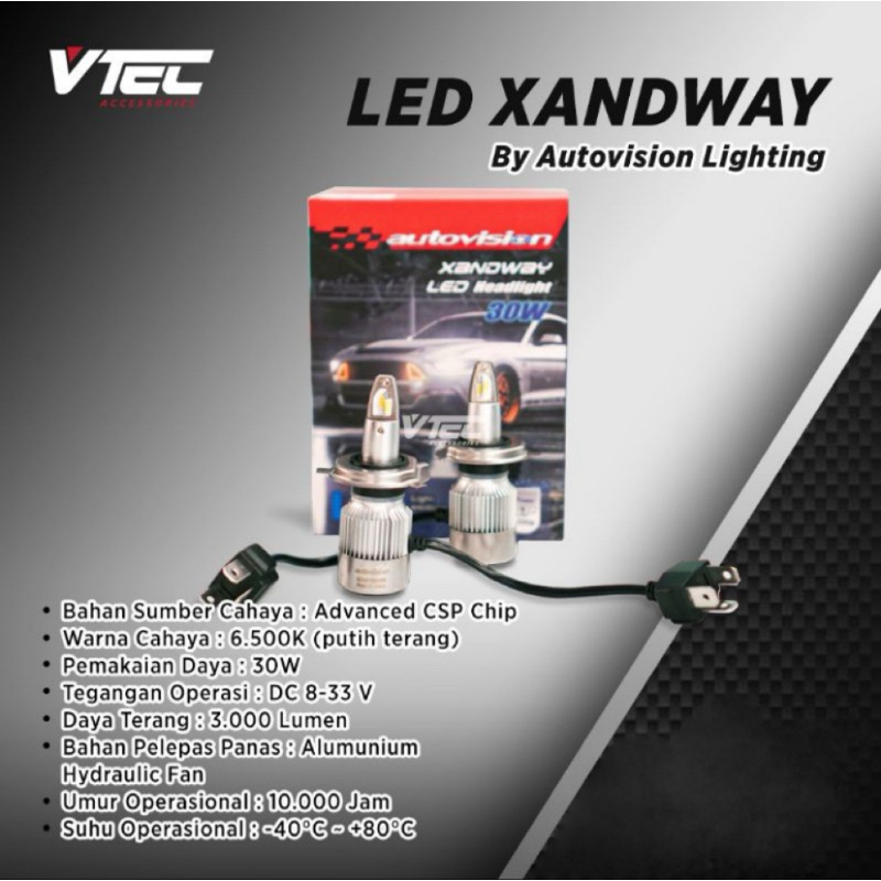 Jual Autovision LED Xandway H1 H4 H7 H11 H16 H8 H27 HB3 HB4 30 Watt ...
