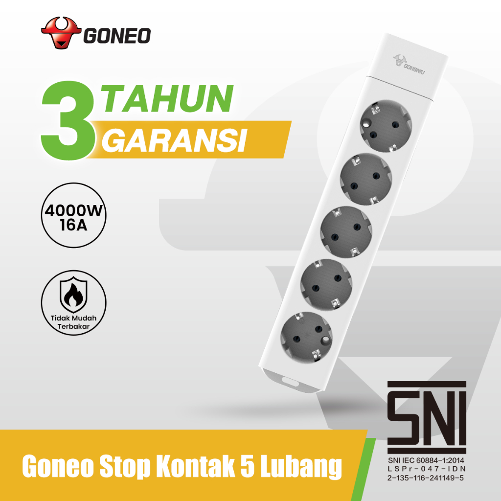 Jual GONEO - G105 Stop Kontak Tanpa Kabel 5 Lubang Terminal Kuningan Anti Petir SNI Gongniu ...